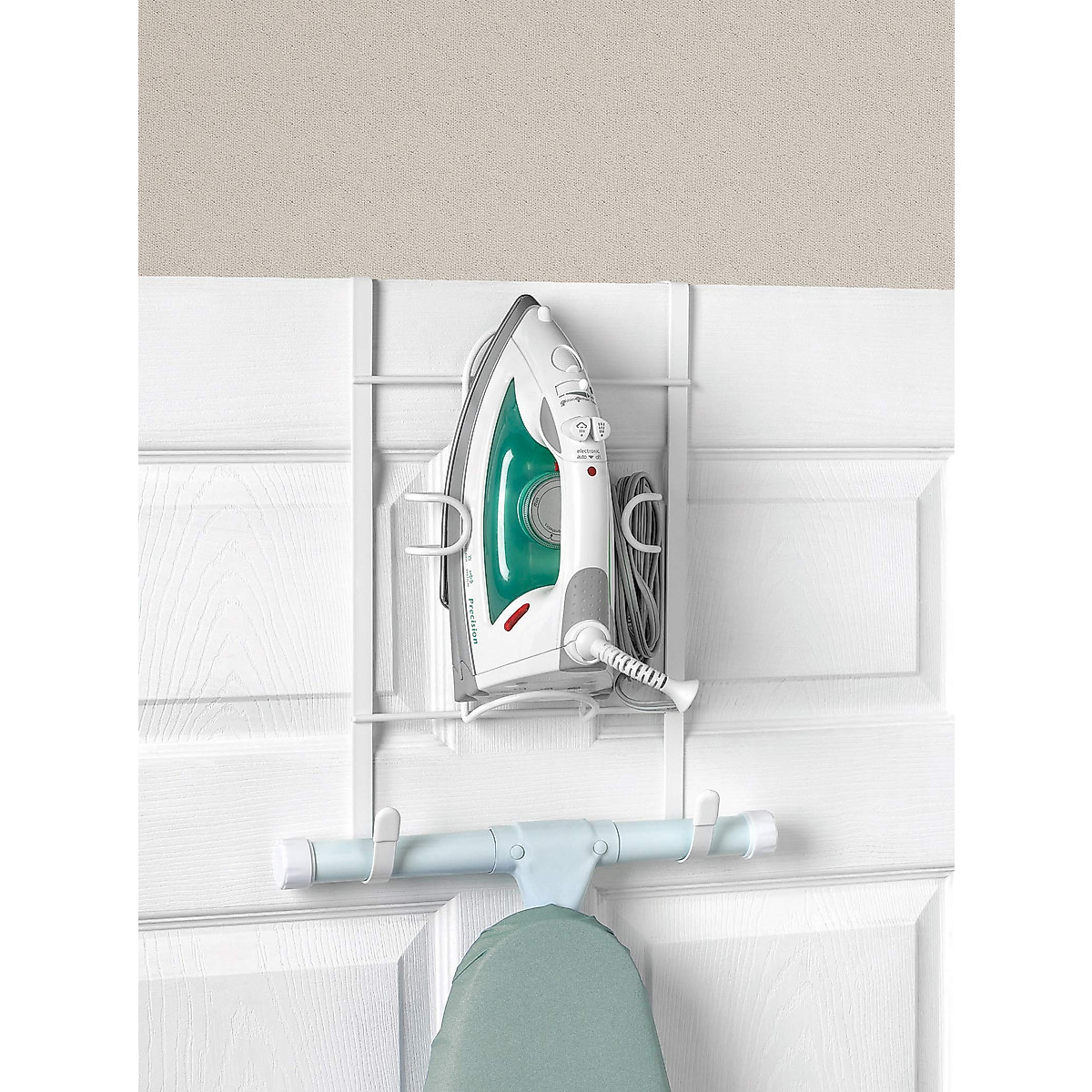 Spectrum Diversified Over-the-Door Holder No-Installation Iron & Ironing Board Storage, Sturdy Steel Construction With Rubberized Hook Ends Laundry Room Storage & Closet Organization, White, Large