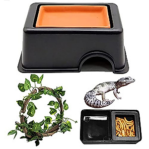 Woyrise Reptile Hide Box with Sink Humidifier Gecko Hideout Cave Lizards Hideaway with Flexible Vine Decor and Bowl for Bearded Dragons Lizards Spiders Snakes