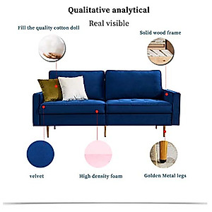 Danxee Velvet Fabric Sofa Couch 71" Wide Mid Century Modern Tufted Fabric Sofa Living Room Sofa 700lb Heavy Duty with 2 Pillows (Blue)