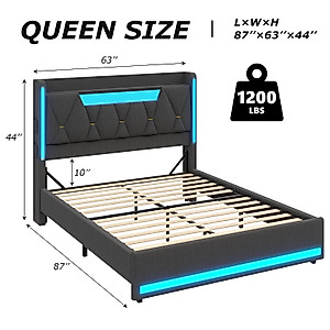 BYSAUD King Size Storage Bed Frame with Hidden Space and 2-Tier Shelves,King Bed Frame with Heaboard,King Size Bed Frame with LED Lights,Charging Station,No Box Spring Needed,Dark Gray,Linen Cloth