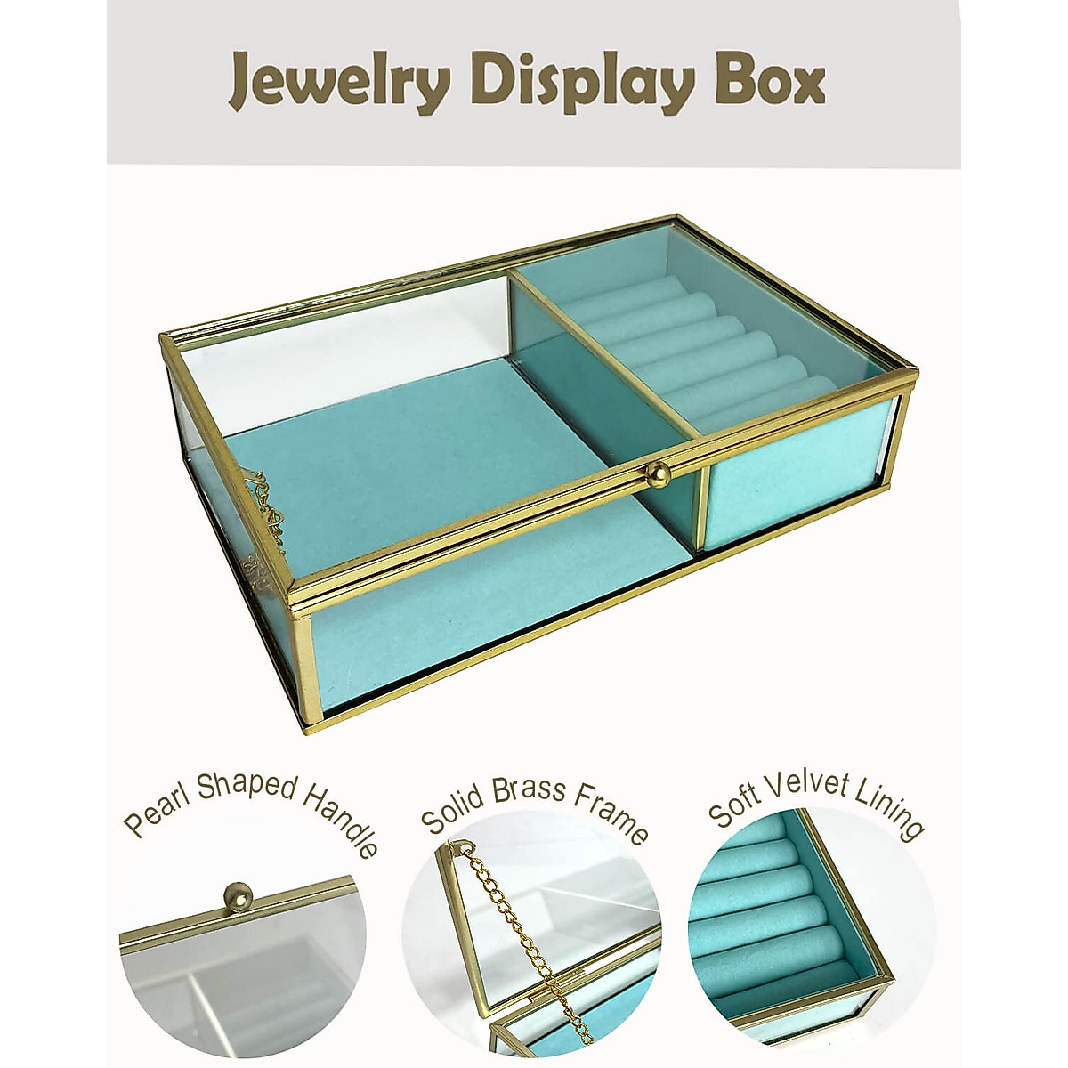 Ylu Yni Glass Jewelry Organizer Box Clear Keepsake Case with Gold Frame with Velvet Trinket Tray, Display Box for Earring Ring, Necklace, Accessories.