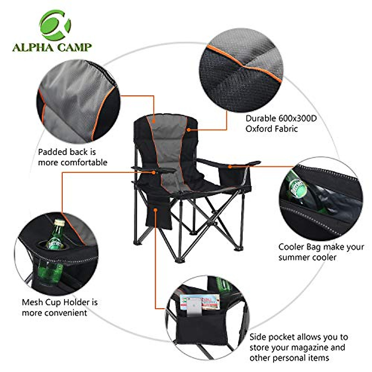 ALPHA CAMP Oversized Camping Folding Chair Heavy Duty Lawn Chair with Cooler Bag (Black)