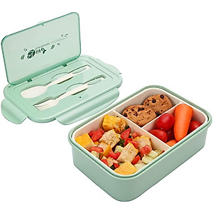 Bento Box, Lunch Box for Kids Adults, 3 Compartment Bento Lunch container, Food Storage Container Boxes, BPA Free On-the-Go Meal Prep Containers, Microwave/Dishwasher/Freezer Safe (Green)