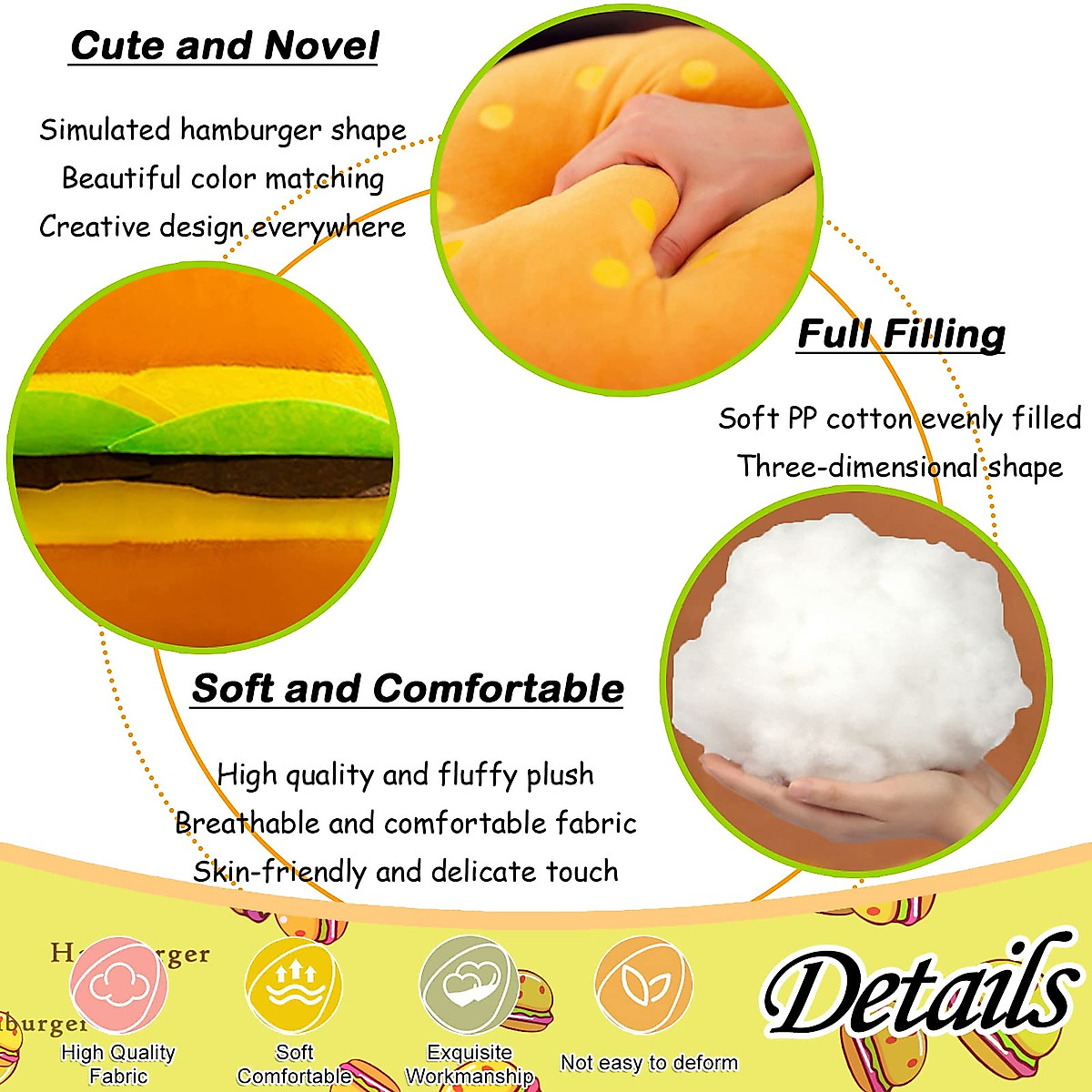 zhidiloveyou Hamburger Pillow Plush Cheeseburger Toy Cute Stuffed Food Pillow for Kids, 11.8"