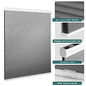 LUCKUP Cellular Shades Cordless Blackout Honeycomb Blinds, Room Darkening Pull Down Window Shade for Bedroom Living Room Nursery, 20'' W x 64'' H, Grey-White