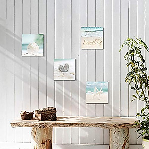 UTOP-art Aqua Beach Seashell Pictures Artwork: Love & Starfish Canvas Print Wall Art for Bathroom (12'' x 12'' x 4 Panels)