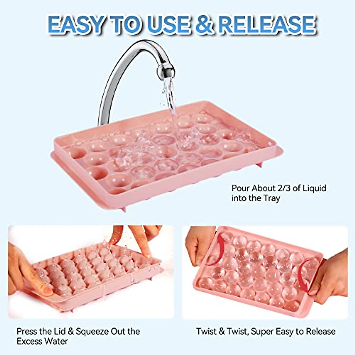 Round Ice Cube Tray, Ice Ball Maker Mold for Freezer with Lid & Bin, Easy Release Mini Sphere Ice Cube Mold Making 1.1IN X 66PCS Circle Small Ice Cube for Cocktail, Whisky(2 Pink Tray, 1 Scoop & Tong)