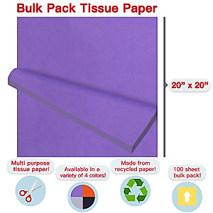 LeZakaa 100 Sheets Tissue Paper Bulk, Gift Wrapping Paper Decorative Art for Halloween Holiday Gift Wrap, Flower, Pom Pom Packing and Decorations (20x20 inch) - Silver, Purple, Black, Orange