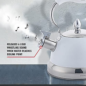 Emeril Lagasse 2.6 Quart/2.5 Liter Whistling Tea Kettle, Stainless Steel Tea Pot for Induction Stove Top, Fast to Boil Water for Home Kitchen Condo, with Ergonomic Cool Folding Grip Handle, White