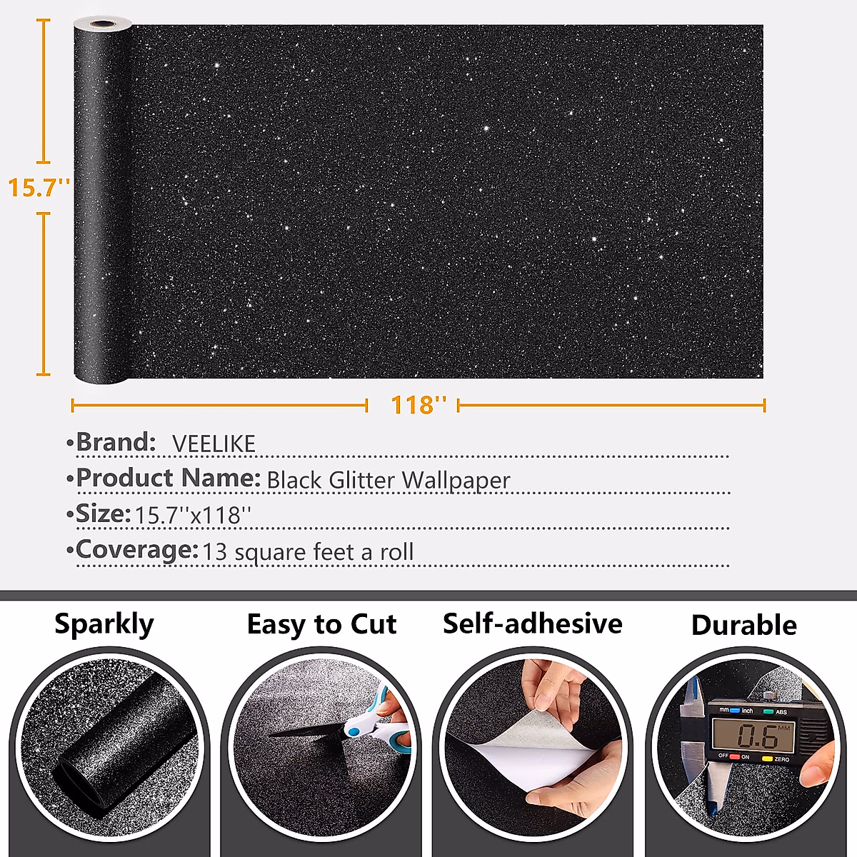 VEELIKE Black Glitter Wallpaper 15.7''x118'' Peel and Stick Sparkly Glitter Black Contact Paper Decorative Self Adhesive Removable Glitter Fabric Wall Paper Roll for Bedroom Wall Decor Cabinets