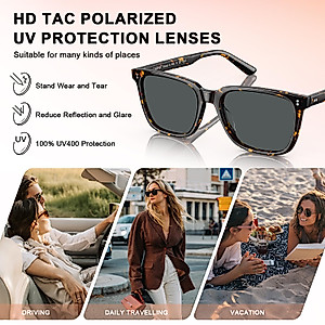 CARFIA Trendy Retro Acetate Womens Sunglasses Polarized UV Protection, Small Face Classic Square Tortoise Gray Lens