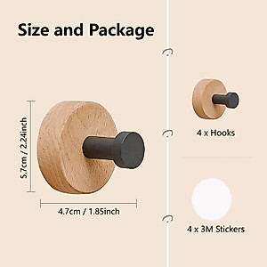 Funnytek Adhesive Wood Coat Hooks - 4 Pack Beech Wood Wall Hooks Natural Rustproof Coat Rack Adhesive Hooks for Wall, Towel Hooks for Hanging Coats, Hats, Bags, Keys (Style C)
