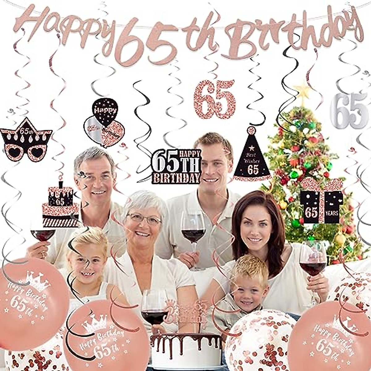 WOJOGO 65th Birthday Decorations for Women, Rose Gold 65 Birthday Decorations For Women, Happy 65th Birthday Banner Hanging Swirls Birthday Cake Topper Balloons Decor Kit for Party Supplies