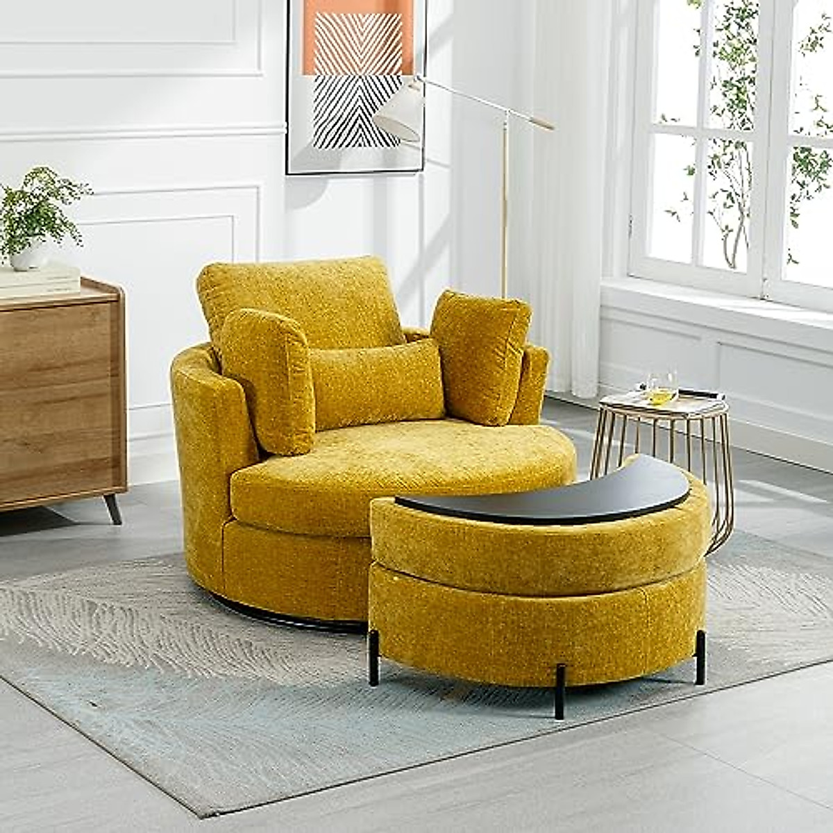 360° Swivel Accent Barrel Chair and Half Crescent Moon Storage Bench Large Ottoman with 4 Pillows,Upholstered Oversized Leisure Round Loveseat Recliner Sofa Chaise Lounge Circle Armchair for Club