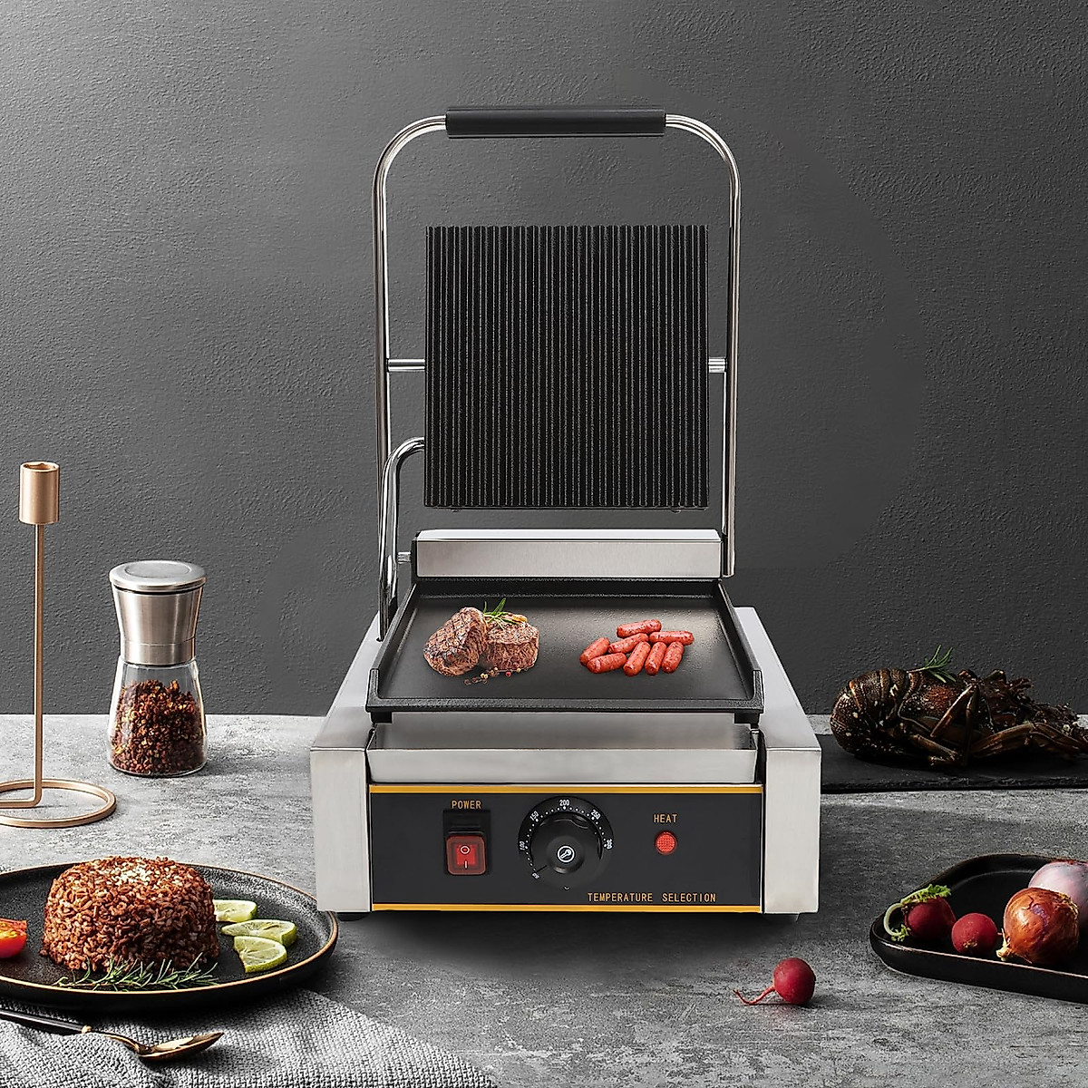 110V Stainless Steel Sandwich Maker, Commercial Sandwich Panini Press Grill, 1800W Up Grooved and Down Flat Plates Electric Sandwich Maker, for Hamburgers, Bacons, Grill Bread, Chicken, Beef