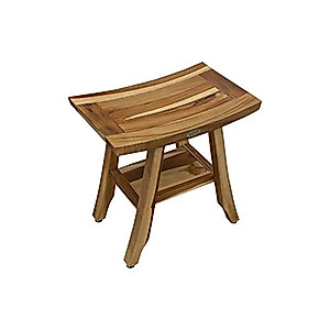 EcoDecors Satori Shower Stool Teak Wood Shower Bench with Curved Seat and Shelf 17″ Wooden Seat Shower Stool in Earthy Teak Finish