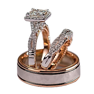 Engagement rings for couples set,3 pc His and Her Wedding Ring Set, Hypoallergenic Rose Gold Ring Set, Cubic Zirconia Bride Promise Rings Set,size 6-10 (8)