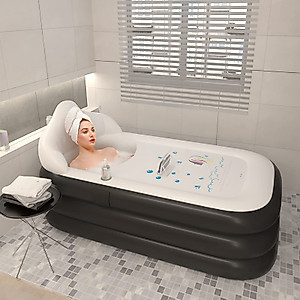 Inflatable Portable Bathtub-Family SPA Freestanding Bathtub with Bath Pillow-Inflatable Bathtub With Neck and Back Support-Suitable For Cold Plunge Tub-Training Tub-Ice Bath ＆ Hot Bath,63''X35''(Grey)