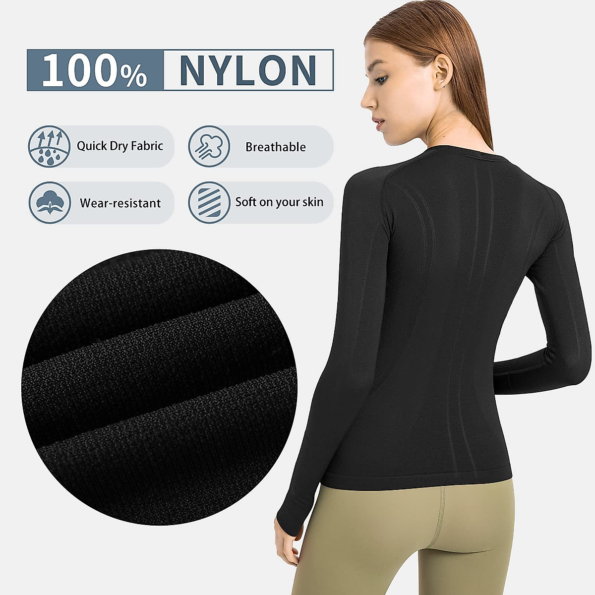 Long Sleeve Workout Shirts for Women Seamless Yoga Tops, Running T-Shirt Breathable Gym Athletic Tops Slim Fit Black
