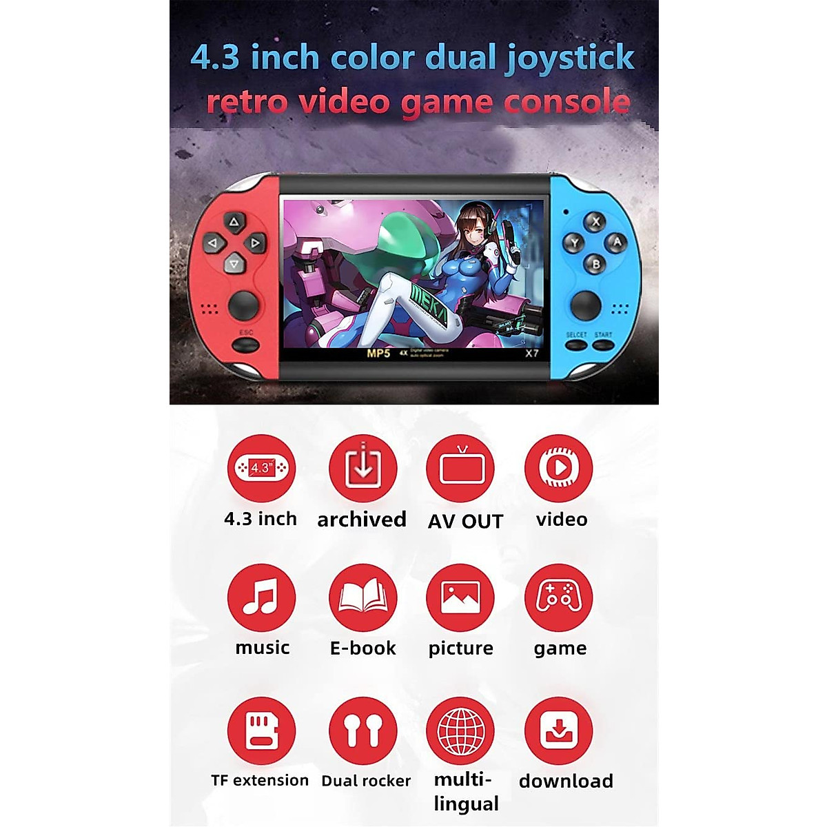4.3 inch Dual Joystick Color Video Game Console Built-in 3000 Games Support Arcade CPS/gba/gbc/gb/SFC/fc/sega Video Music AV Out Rechargeable Lithium Battery (Blue)