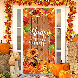 RUMIA Fall Party Door Banner Happy Fall Decorations Thanksgiving Door Cover Pumpkin Fall Backdrop Sign Party Supplies for Harvest Autumn Birthday Background Photo Booth Props Party Decor 73 x 36 inch