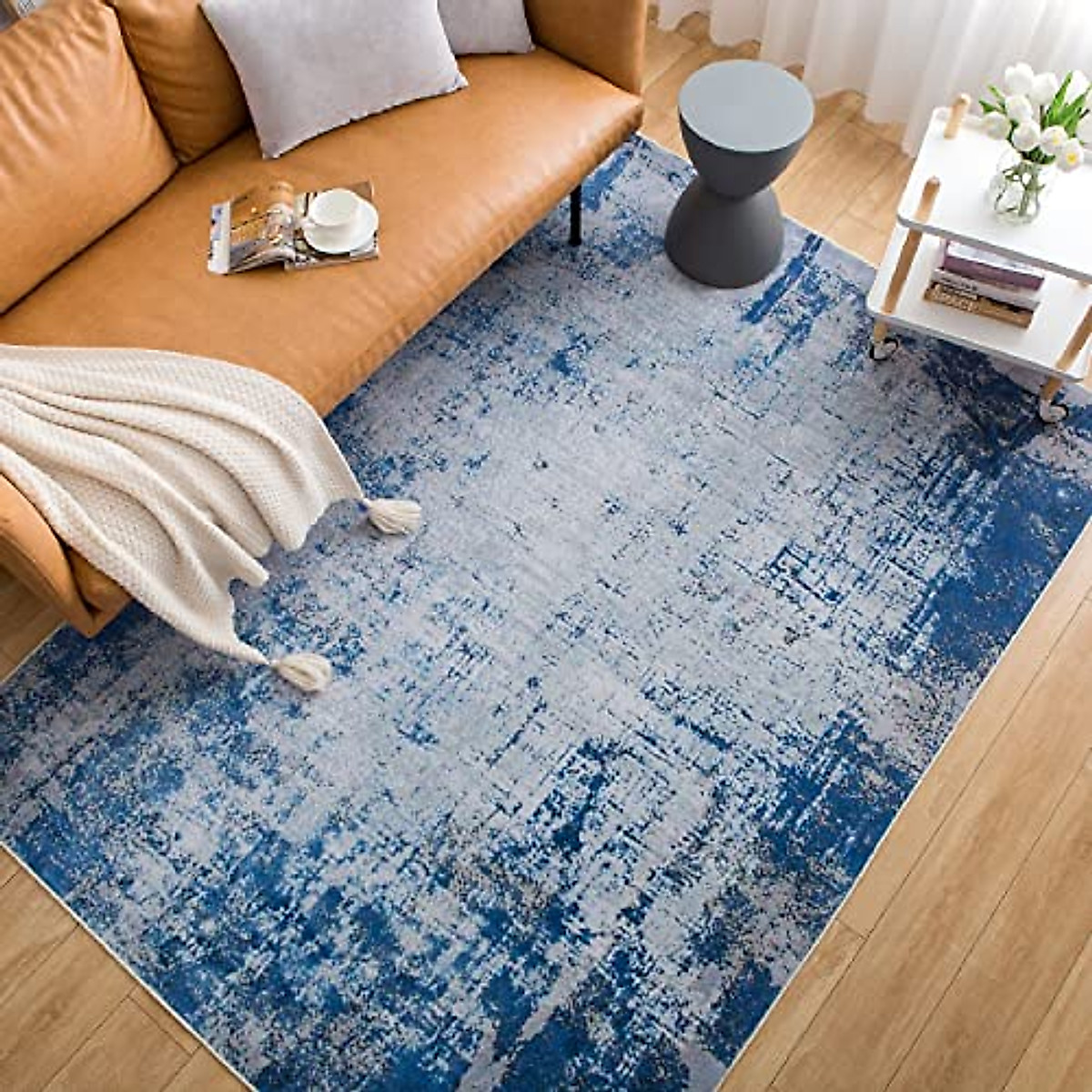 Modern Abstract Area Rug 5'3" X 7'6" Washable, Non Slip Rugs for Living Room Bedroom Dining Room Kids and Pets Friendly Nursery Kitchen Farmhouse, Indoor and Outdoor Carpets Dark Blue/Grey