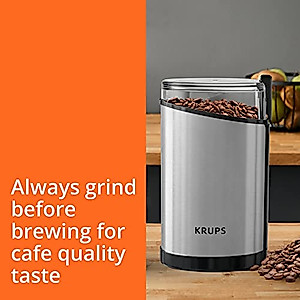 Krups Fast-Touch Stainless Steel Coffee and Spice Grinder 3oz, 85 gr bean hopper Easy to Use, One Touch Operation 200 Watts Coffee, Espresso, French Press, Spices, Dry Herbs, Nuts, 12 cups Silver
