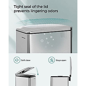 SONGMICS Slim Trash Can, 12.7 Gallon Garbage Can for Narrow Spaces with Soft-Close Lid, Inner Bucket, and Step-on Pedal, Stainless Steel, 15 Trash Bags Included, Silver ULTB510E48