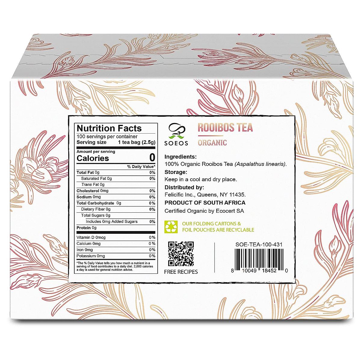 Soeos Rooibos Tea, Rooibos Tea Organic, Rooibos Tea Bags (100 Count), Naturally Sweet Herbal Tea, Caffeine Free, USDA Organic, Red Rooibos Tea Farmed in South Africa 9oz (250g),100 Count (Pack of 1)