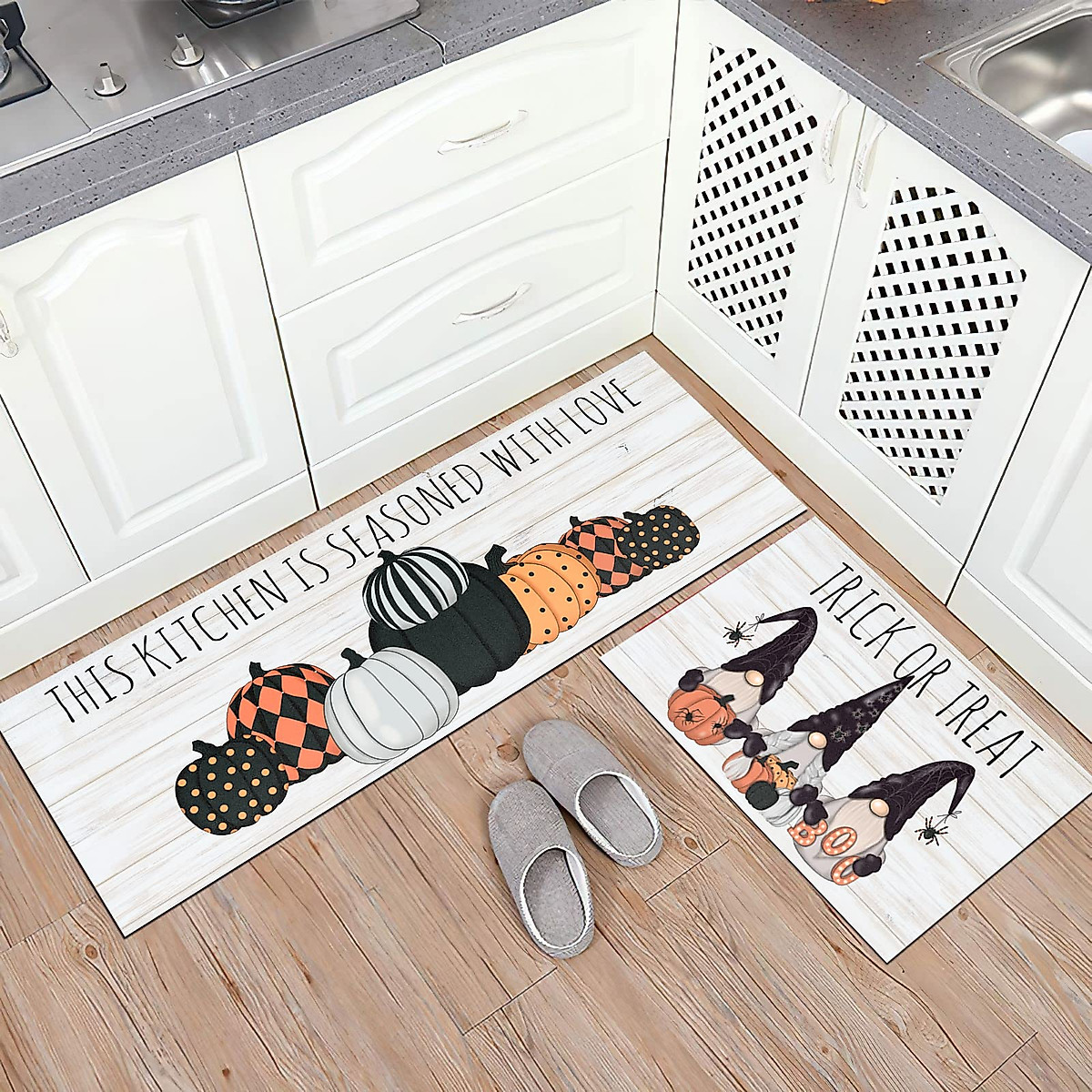 HOLVDENG Halloween Gnome Kitchen Mat Set of 2 Non Slip Thick Kitchen Rugs and Mats for Floor Comfort Standing Mats for Kitchen, Sink, Office, Laundry, 17"x47"+17"x28"