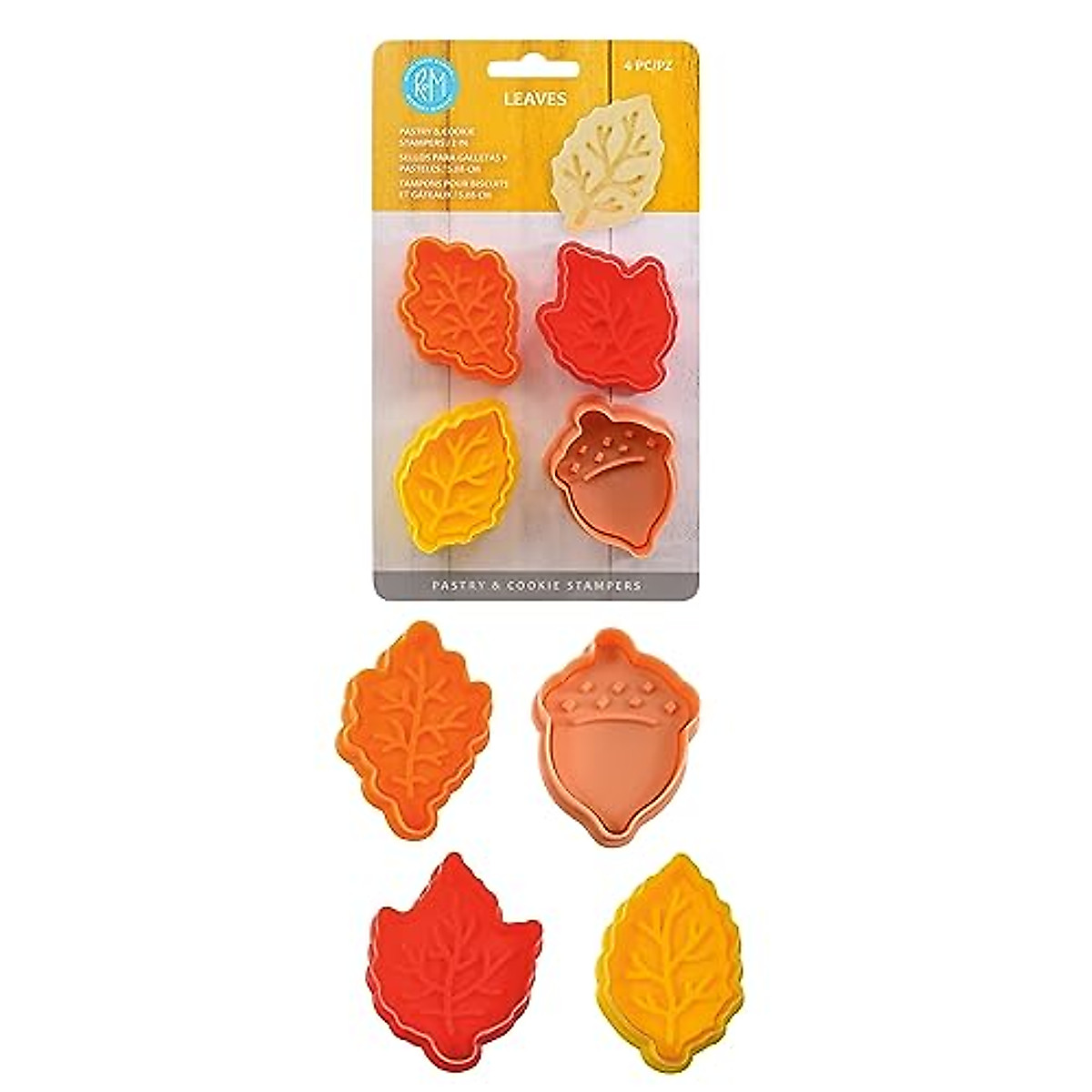 R&M International 0 Leaves 2" Pastry/Cookie/Fondant Stampers, Leaves and Acorn, 4-Piece Set Silver