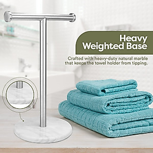 Homeries Marble Hand Towel Holder - Stainless Steel Towel Stand with Round Marble Base - Modern T-Shape Hand Towel Valet for Bathroom, Vanity Top Towel Stand, Counter Towel Bar, Jewelry Rack