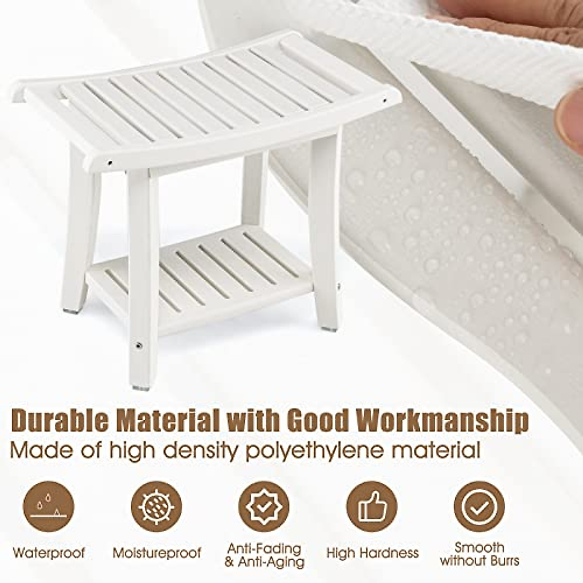 COSTWAY Shower Bench for Inside Shower, Waterproof Shower Seat Stool with Storage Shelf for Shaving Legs and SPA, Bath Shower Chair for Seniors Adults Disabled (Creamy White)