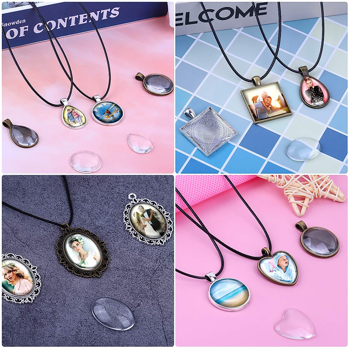 Pendant Trays with Glass Cabochons for Jewelry Making, Anezus 90pcs Pendants Trays Set Including 30pcs Bezel Pendant Trays Blanks, 30pcs Glass Cabochons and 30pcs Necklaces Cords for Necklace Making