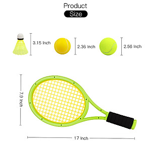 Kids Tennis Racket,17 Inch Plastic Tennis Racket with 2 Soft Balls,2 Tennis Balls and 4 Shuttlecocks for Kid,Toddler Outdoor/Indoor Sport Play (Green&Yellow)
