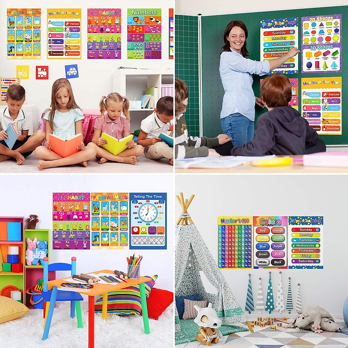 Educational Preschool Learning Poster for Toddler, Pre-K, Kindergarten, Daycares, Classroom, Homeschool Teachers - Incl Alphabet, Colors, Shapes, Numbers, Farm Animals and More - 16 x 11 Inch, 10 Pcs