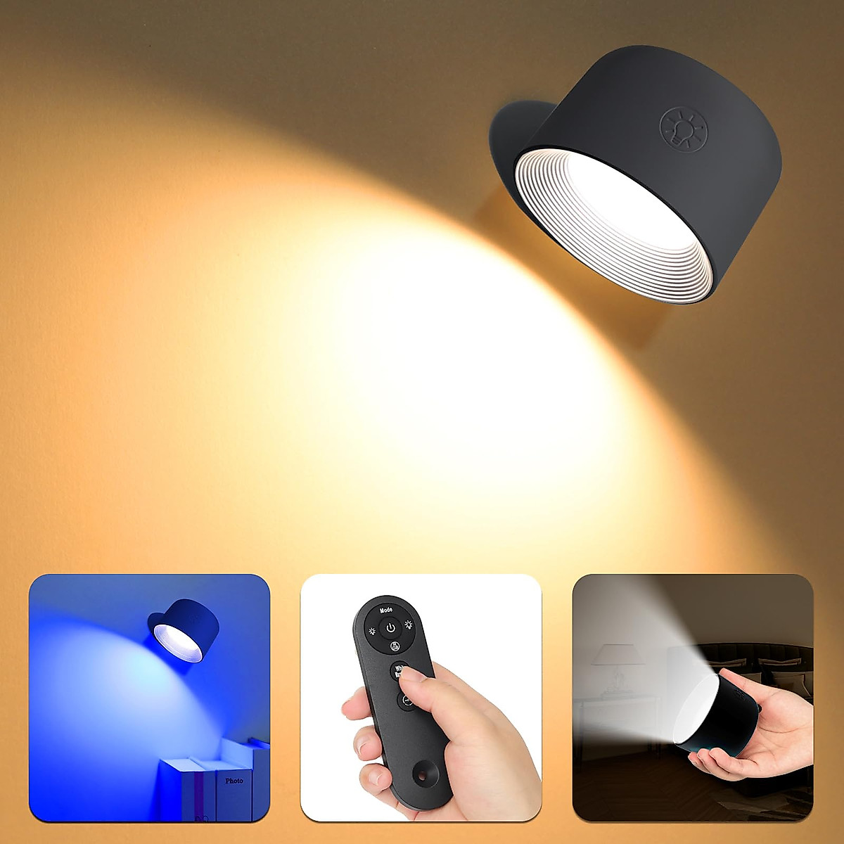Okelon USB Rechargeable Wall Mounted LED Lamp Sconce with 3 Color Temperatures & 5 Light Brightness Levels,360° Rotatable Magnetic Ball & Remote Control for Reading Study Bedside