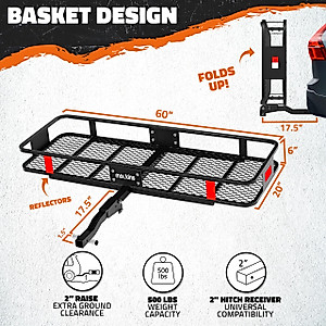Mockins 60"x20"x6" Folding Trailer Hitch Cargo Carrier Weatherproof | 500 Lbs Cap Luggage Rack for SUV, Cars & Trucks| Universal 2" Receiver Hitch Cargo Rack with Car Carrier Accessories