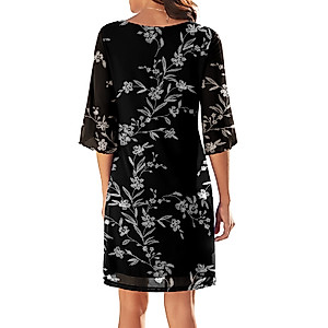 Actcat Women's Casual Loose 3/4 Sleeve A-Line Shift Wedding Guest Dresses Floral,Flower White Black,Medium