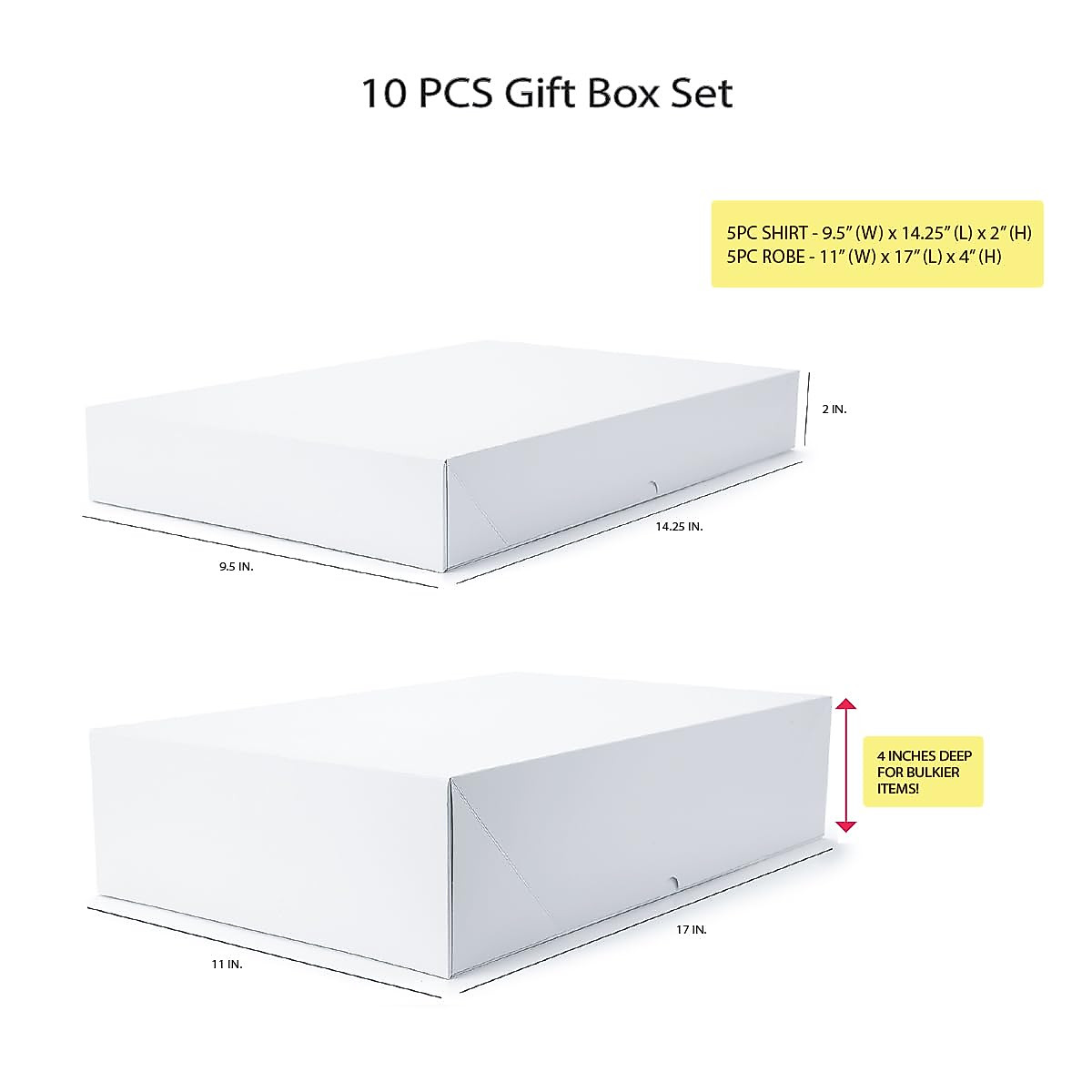 NATIVICO 10 Sturdy White Gift Boxes for Presents - Premium Gift Boxes with Lids - 4-inch Deep Robe Boxes and Shirt Boxes