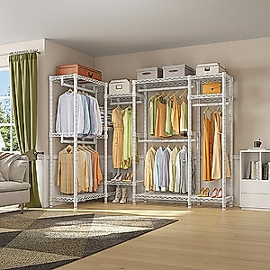 VIPEK L22S Heavy Duty Clothes Rack L Shaped Garment Rack Metal Clothing Rack Freestanding Wardrobe Closet Rack with 8 Shelves & 6 Hanging Rods, 76" L x 45" W x 76.4" H, Max Load 1050LBS, White