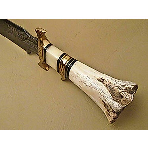 Custom Hand Made Forged Damascus Steel Hunting Bowie Knife Fixed Blade Leather Handle Camel Bone With Leather Sheath Full Tang 967