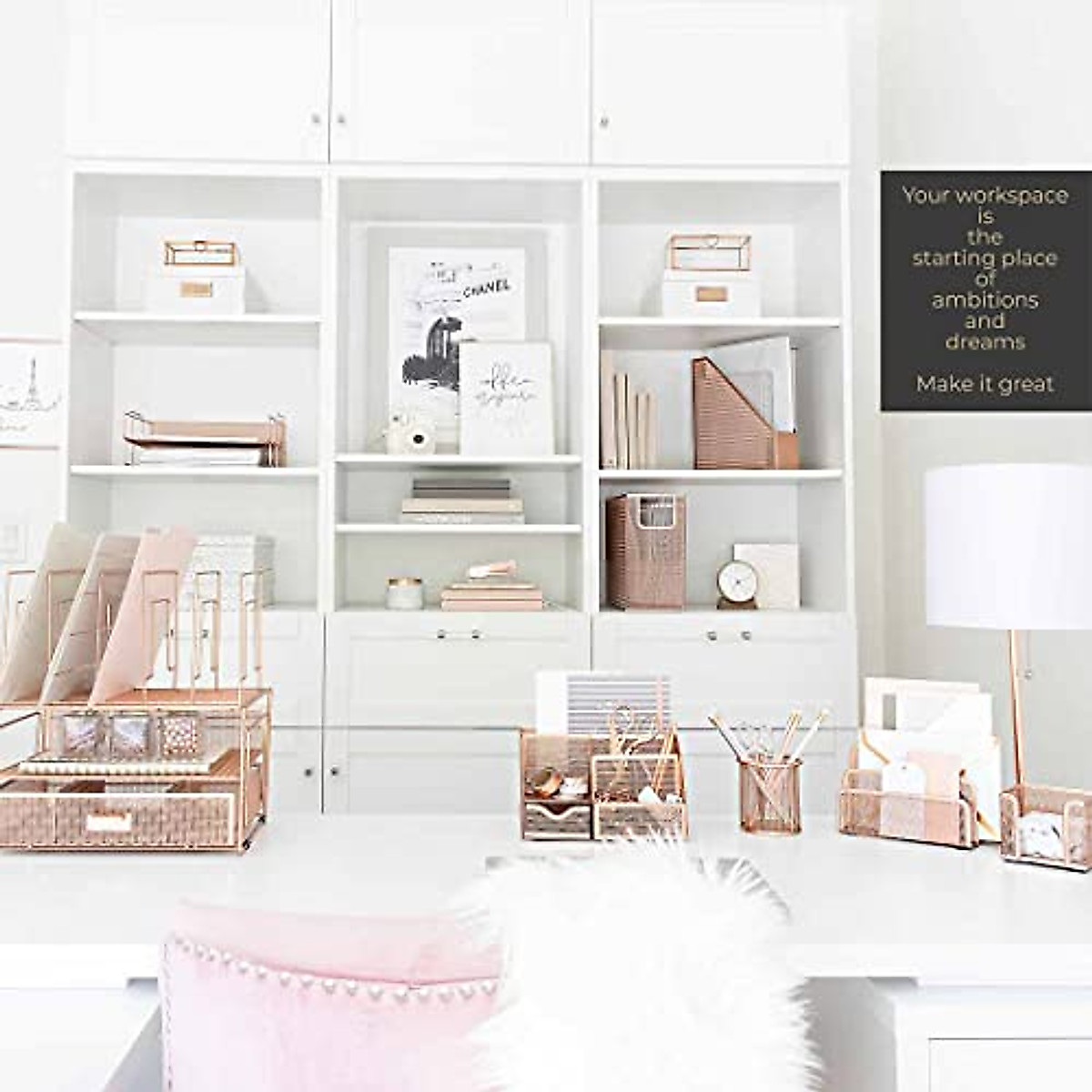 BLU MONACO Designer Metal Rose Gold Desk Organizer - Metal with Rose Gold Finish - Rose Gold Desk Accessories - Desk Organizer Rose Gold - Storage for Paper and Office Supplies