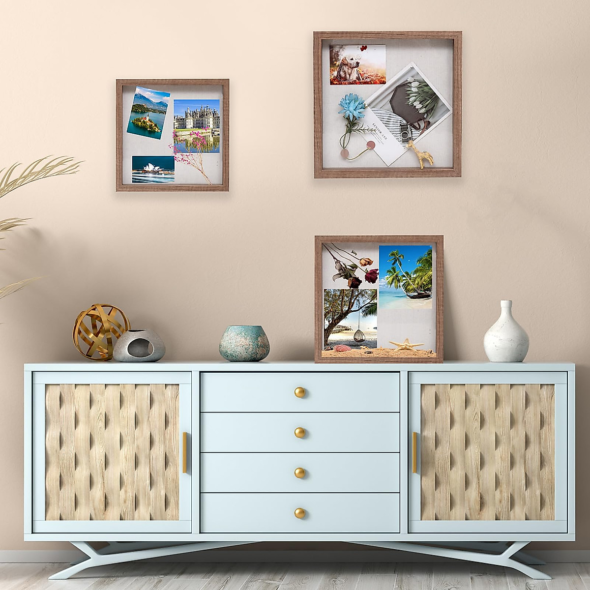 Muzilife 8x8 Shadow Box Picture Frame with Linen Board - Deep Wood & Glass Display Rustic Case Ready to Hang Memorabilia, Pins, Awards, Medals, Wedding, Tickets, and Photos, Carbonized Small