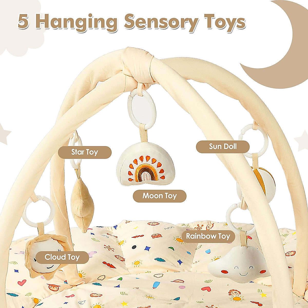 Patywaga 5 in 1 Thick and Plush Play Gym, Tummy Time Mat, Play Mat for Babies and Toddlers, Activity Gym, Baby Activity Center from Baby to Toddler, Ball Pit, Soft Plush Pet Bed, with 5 Toys(Beige)