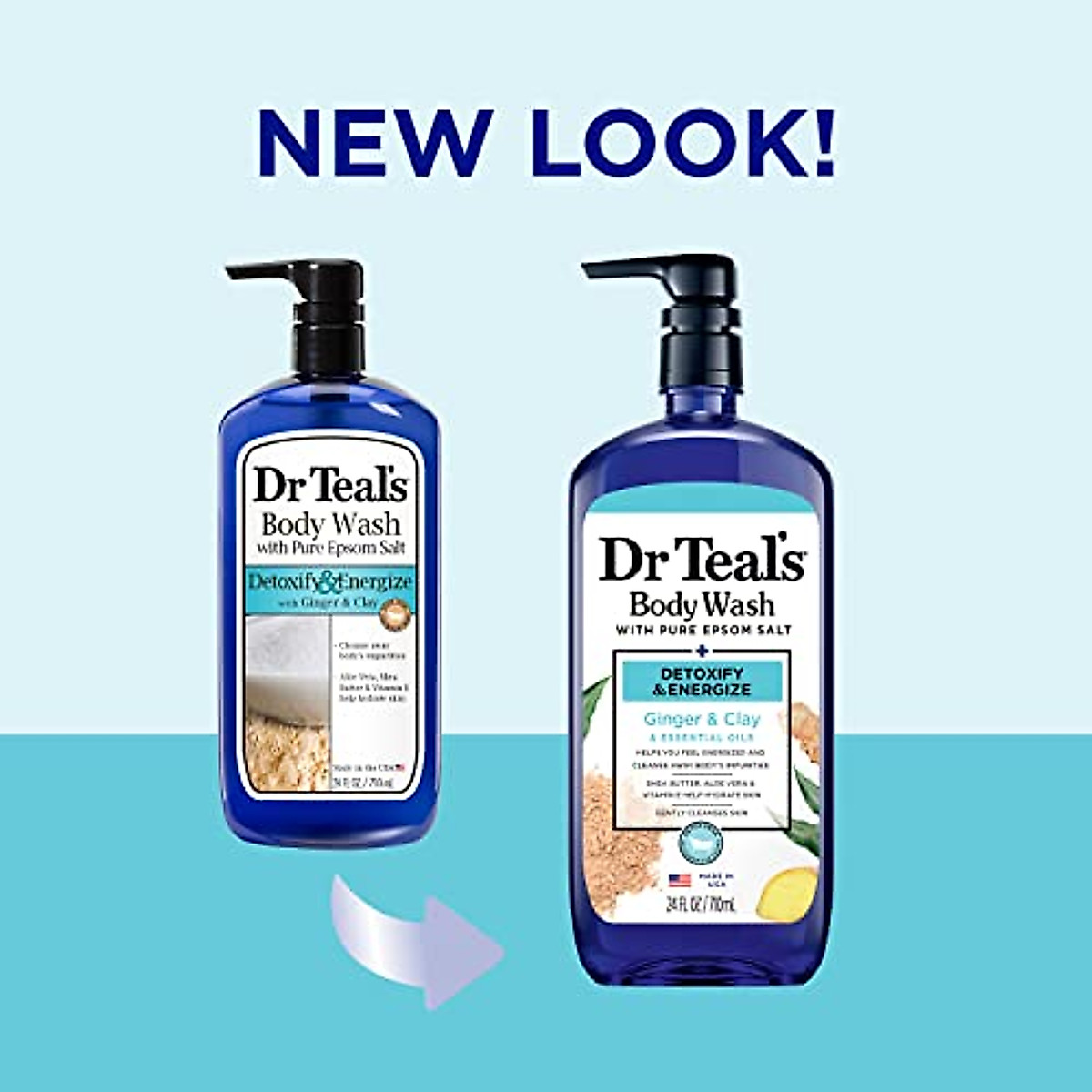 Dr Teal's Body Wash With Pure Epsom Salt, Detoxify & Energize With Ginger & Clay, 24 fl oz (Pack of 4) (Packaging May Vary)