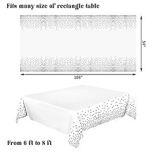Paready White Silver Plastic Tablecloth 4 Pack 54" x 108", White Disposable Tablecloth with Silver Dot Confetti, Rectangular Plastic Table Cover for Parties, Birthday, Wedding, Graduation, Anniversary