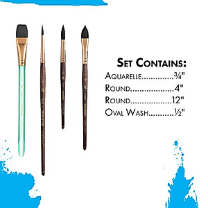 Princeton Artist Brush Neptune Series 4750 - 4-Piece Synthetic Squirrel Watercolor Paint Brush Set- Includes Aquarelle ¾” Oval Wash ½ & 2 Round Brushes Sizes 4 & 12