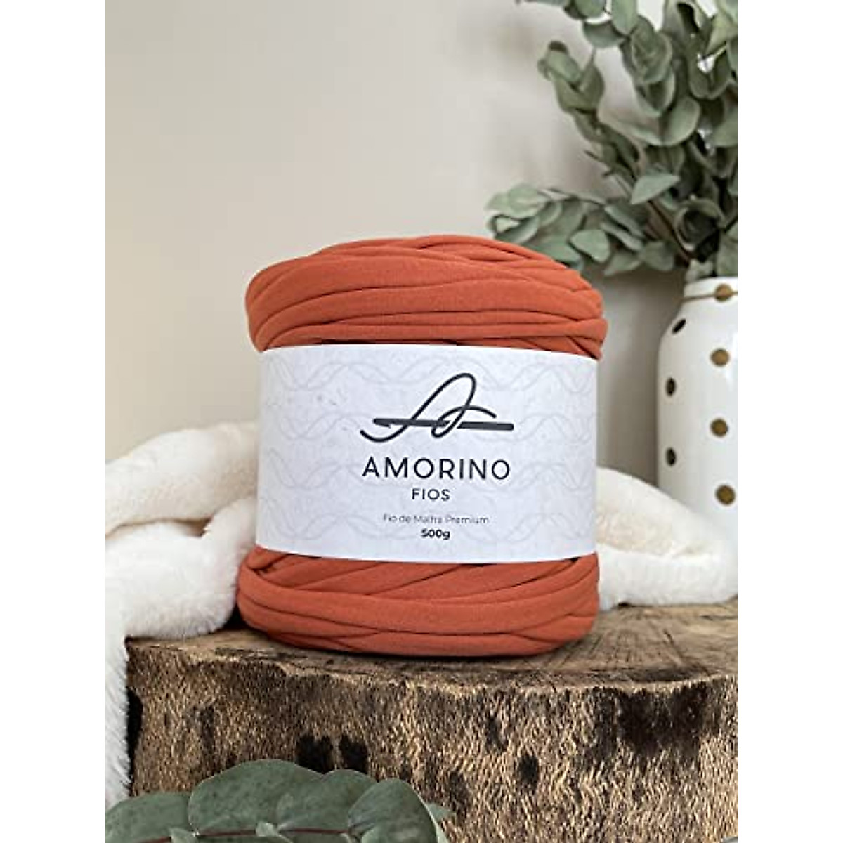AMORINO FIOS Premium 36mm t-Shirt Yarn (Terracotta), Very Soft Crochet Yarn, Crochet Yarn with Perfect Elasticity and Softness, Yarn for Crafts, knotless Cotton Yarn, Macrame t-Shirt Yarn.