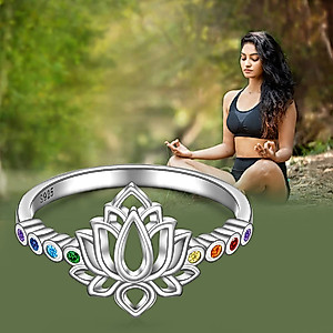 Lotus Ring Chakra Ring for Women Lotus Flower Rings Sterling Silver Yoga Chakras Jewelry Meditation Anxiety Relief Size 8